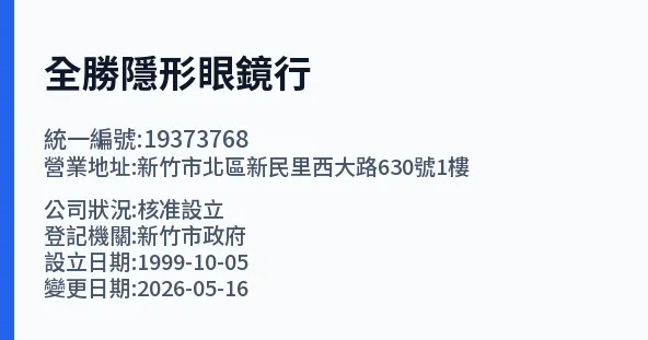 全勝隱形眼鏡行的照片-統編 19373768(新竹市) 公司登記資料與營業項目詳細圖表