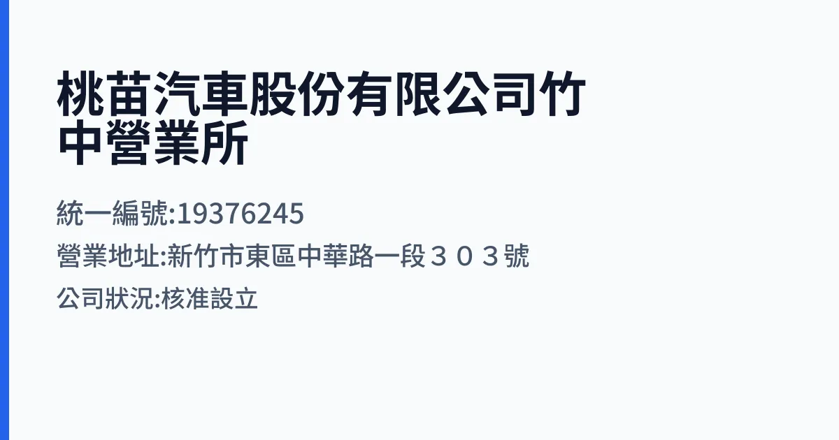 桃苗汽車股份有限公司竹中營業所 - 統編 19376245(新竹市) 公司登記資料與營業項目詳細圖表