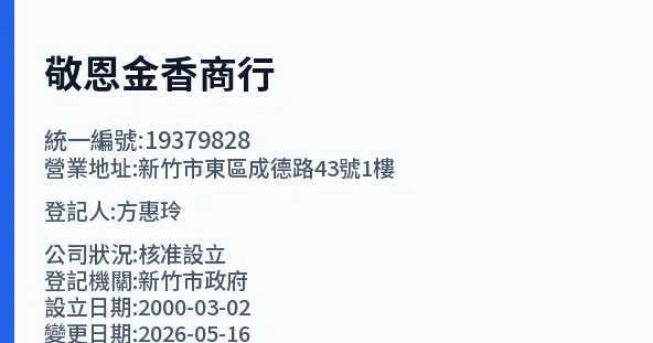 敬恩金香商行的照片-統編 19379828(新竹市) 公司登記資料與營業項目詳細圖表