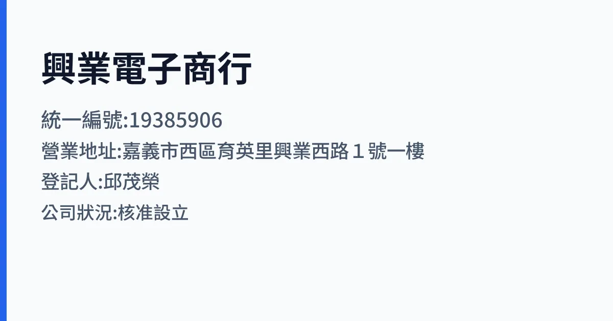 興業電子商行 - 統編 19385906(嘉義市) 公司登記資料與營業項目詳細圖表