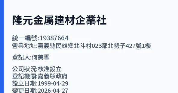 隆元金屬建材企業社的照片-統編 19387664(嘉義縣) 公司登記資料與營業項目詳細圖表
