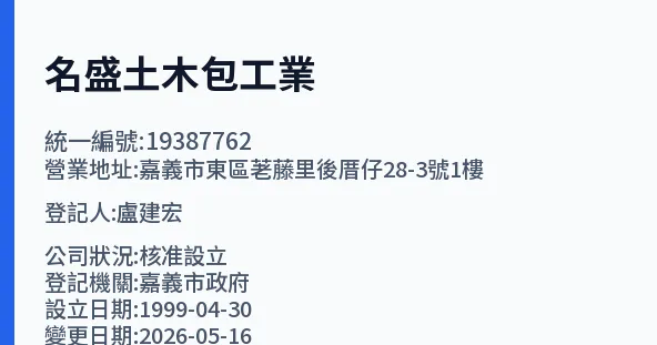 名盛土木包工業的照片-統編 19387762(嘉義市) 公司登記資料與營業項目詳細圖表