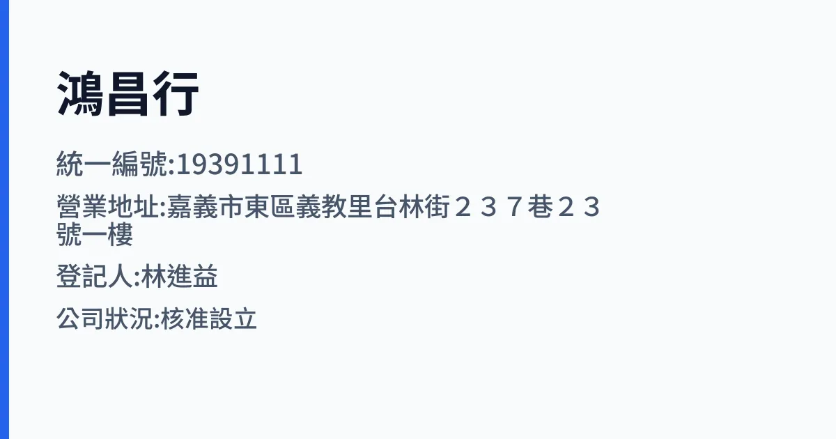 鴻昌行 - 統編 19391111（嘉義市） 公司登記資料與營業項目詳細圖表