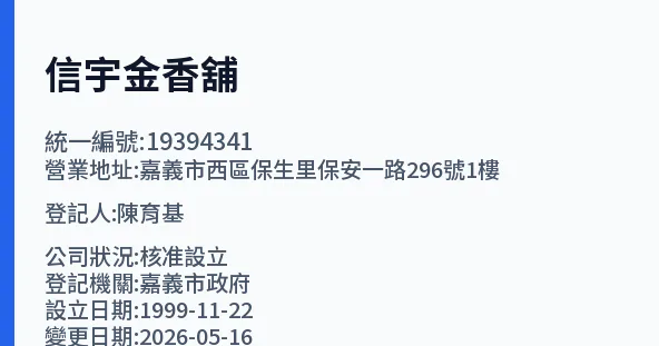 信宇金香舖的照片-統編 19394341(嘉義市) 公司登記資料與營業項目詳細圖表