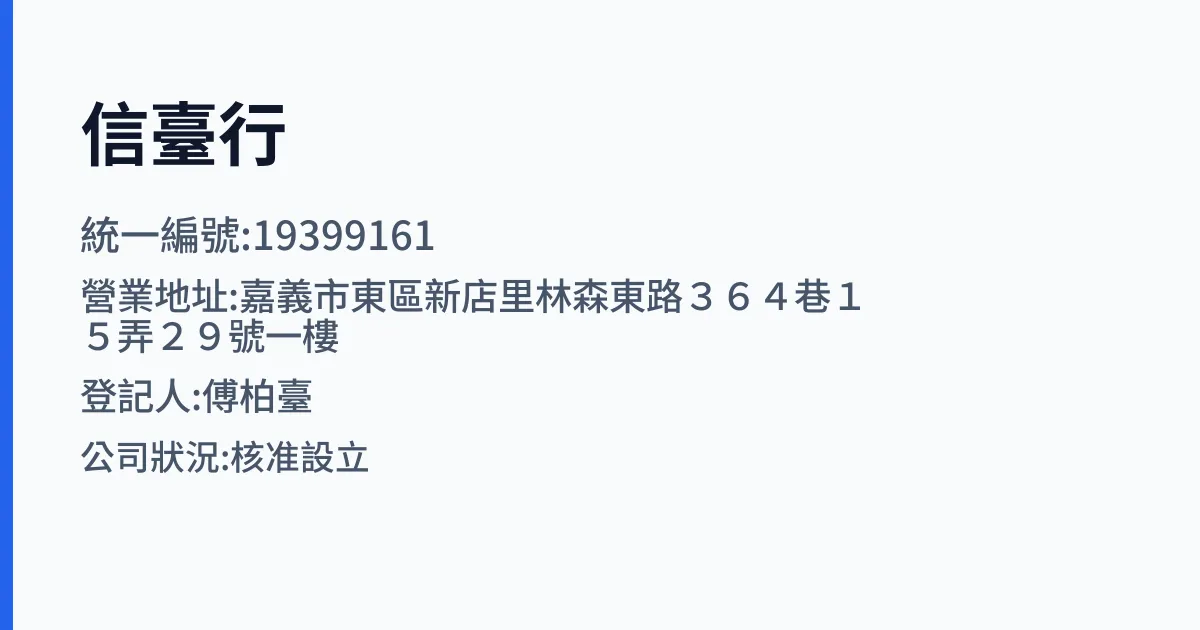 信臺行 - 統編 19399161(嘉義市) 公司登記資料與營業項目詳細圖表