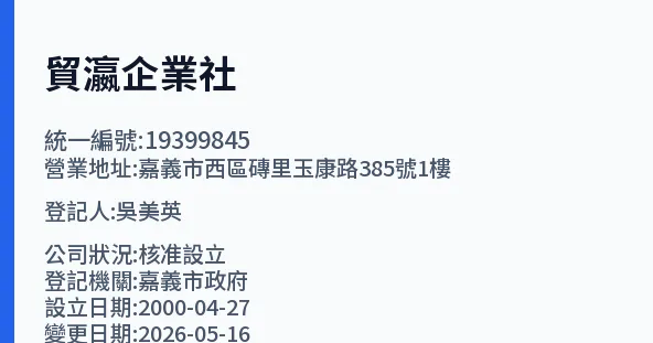 貿瀛企業社的照片-統編 19399845(嘉義市) 公司登記資料與營業項目詳細圖表