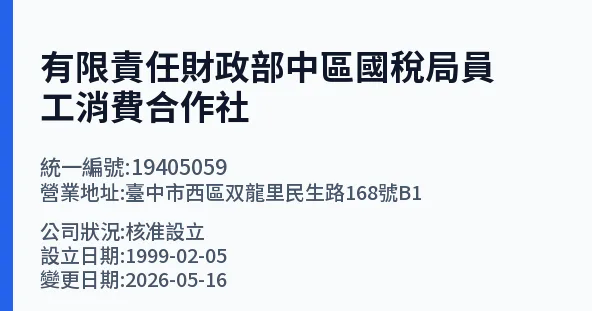 有限責任財政部中區國稅局員工消費合作社的照片-統編 19405059(臺中市) 公司登記資料與營業項目詳細圖表