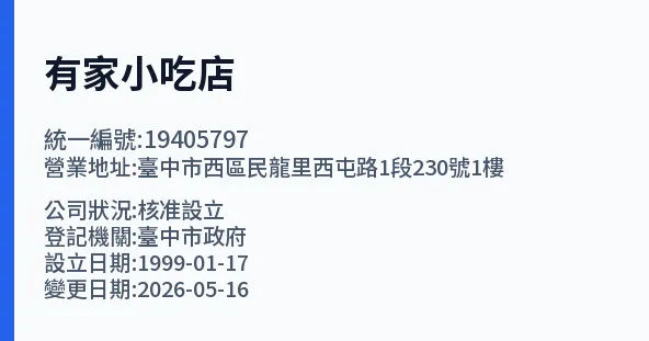 有家小吃店的照片-統編 19405797(臺中市) 公司登記資料與營業項目詳細圖表