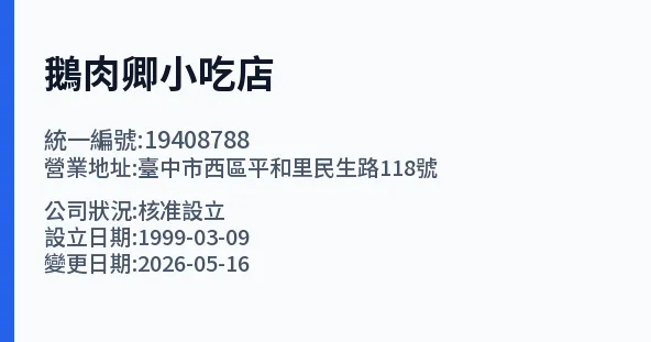 鵝肉卿小吃店的照片-統編 19408788(臺中市) 公司登記資料與營業項目詳細圖表