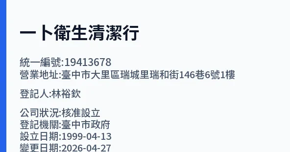 一卜衛生清潔行的照片-統編 19413678(臺中市) 公司登記資料與營業項目詳細圖表