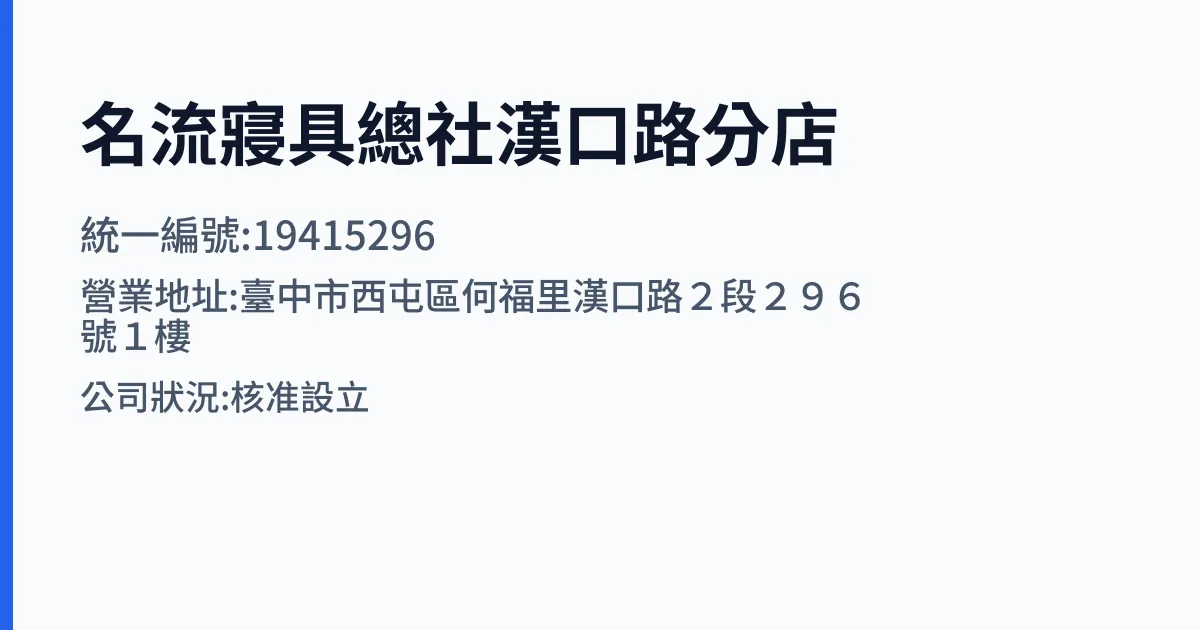 名流寢具總社漢口路分店 - 統編 19415296(臺中市) 公司登記資料與營業項目詳細圖表