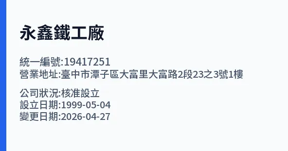 永鑫鐵工廠的照片-統編 19417251(臺中市) 公司登記資料與營業項目詳細圖表