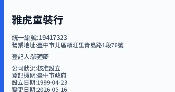 雅虎童裝行的照片-統編 19417323(臺中市) 公司登記資料與營業項目詳細圖表