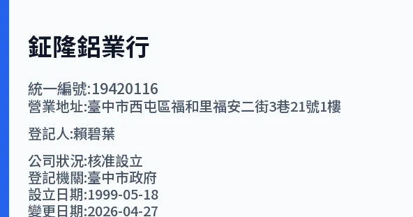 鉦隆鋁業行的照片-統編 19420116(臺中市) 公司登記資料與營業項目詳細圖表