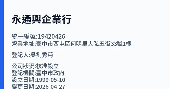 永通興企業行的照片-統編 19420426(臺中市) 公司登記資料與營業項目詳細圖表