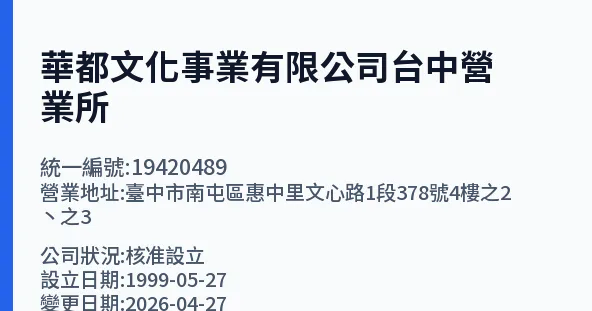 華都文化事業有限公司台中營業所的照片-統編 19420489(臺中市) 公司登記資料與營業項目詳細圖表