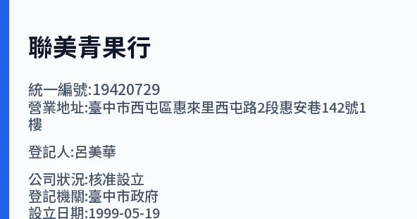 聯美青果行的照片-統編 19420729(臺中市) 公司登記資料與營業項目詳細圖表
