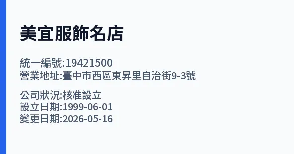 美宜服飾名店的照片-統編 19421500(臺中市) 公司登記資料與營業項目詳細圖表