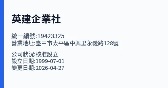 英建企業社的照片-統編 19423325(臺中市) 公司登記資料與營業項目詳細圖表