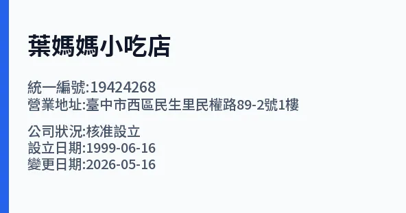 葉媽媽小吃店的照片-統編 19424268(臺中市) 公司登記資料與營業項目詳細圖表