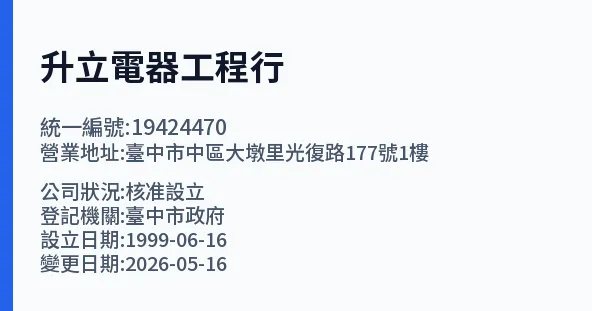 升立電器工程行的照片-統編 19424470(臺中市) 公司登記資料與營業項目詳細圖表