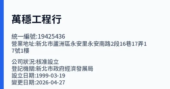 萬穩工程行的照片-統編 19425436(新北市) 公司登記資料與營業項目詳細圖表
