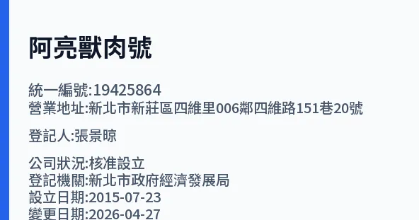 阿亮獸肉號的照片-統編 19425864(新北市) 公司登記資料與營業項目詳細圖表