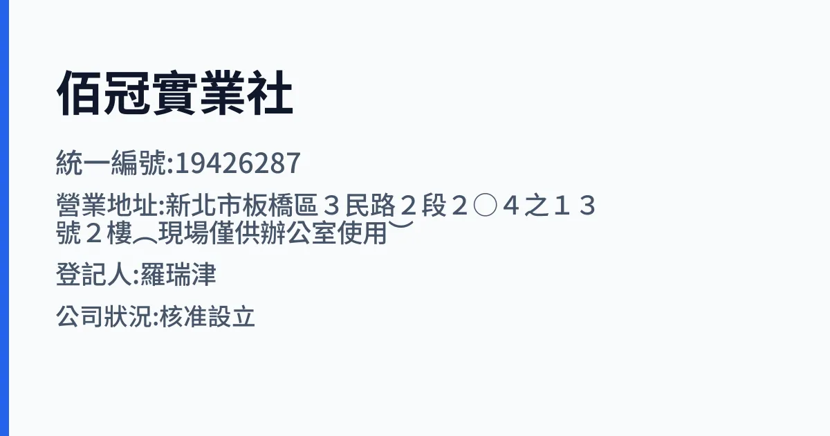佰冠實業社 - 統編 19426287(新北市) 公司登記資料與營業項目詳細圖表