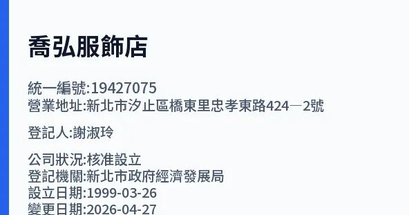 喬弘服飾店的照片-統編 19427075(新北市) 公司登記資料與營業項目詳細圖表