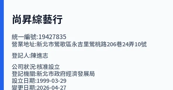 尚昇綜藝行的照片-統編 19427835(新北市) 公司登記資料與營業項目詳細圖表