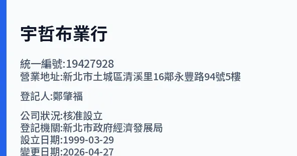宇哲布業行的照片-統編 19427928(新北市) 公司登記資料與營業項目詳細圖表