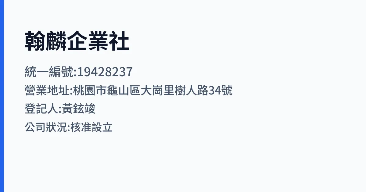 翰麟企業社 - 統編 19428237(桃園市) 公司登記資料與營業項目詳細圖表