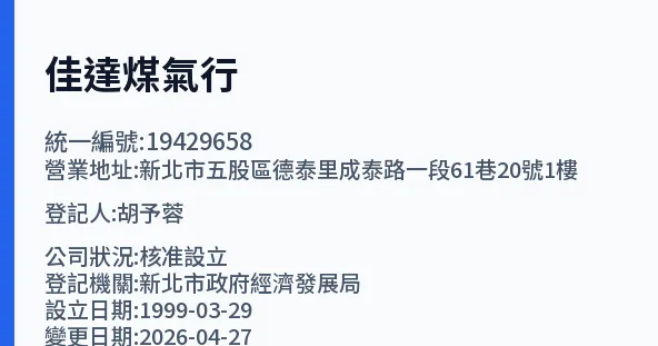 佳達煤氣行的照片-統編 19429658(新北市) 公司登記資料與營業項目詳細圖表