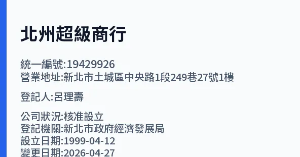 北州超級商行的照片-統編 19429926(新北市) 公司登記資料與營業項目詳細圖表