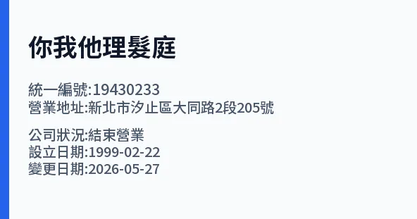 你我他理髮庭的照片-統編 19430233(新北市) 公司登記資料與營業項目詳細圖表