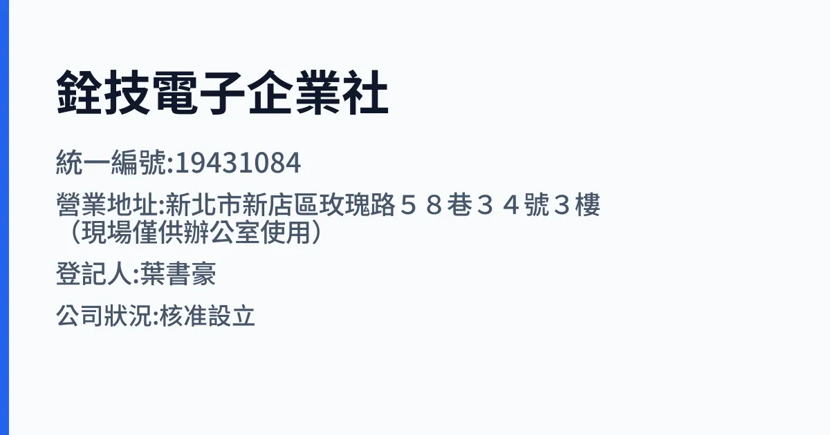 銓技電子企業社 - 統編 19431084(新北市) 公司登記資料與營業項目詳細圖表