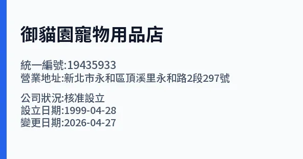 御貓園寵物用品店的照片-統編 19435933(新北市) 公司登記資料與營業項目詳細圖表