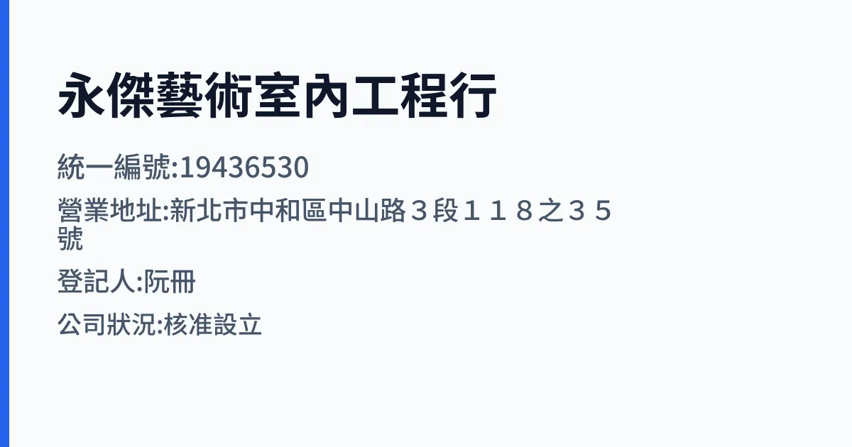 永傑藝術室內工程行 - 統編 19436530(新北市) 公司登記資料與營業項目詳細圖表
