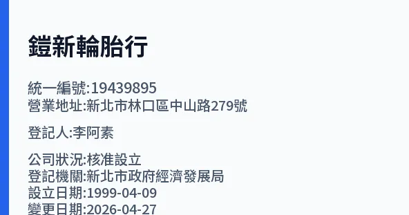 鎧新輪胎行的照片-統編 19439895(新北市) 公司登記資料與營業項目詳細圖表