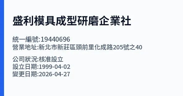 盛利模具成型研磨企業社的照片-統編 19440696(新北市) 公司登記資料與營業項目詳細圖表