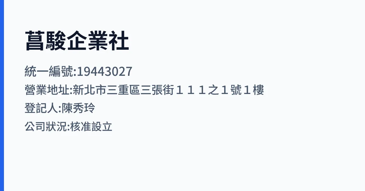 菖駿企業社 - 統編 19443027(新北市) 公司登記資料與營業項目詳細圖表