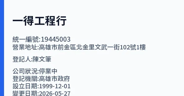 一得工程行的照片-統編 19445003(高雄市) 公司登記資料與營業項目詳細圖表