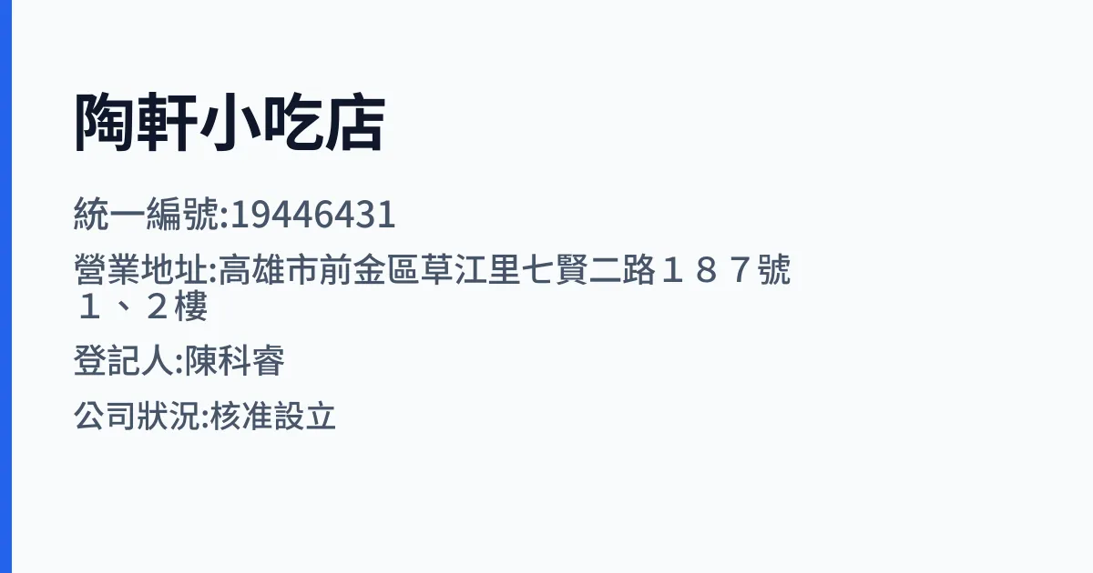 陶軒小吃店 - 統編 19446431(高雄市) 公司登記資料與營業項目詳細圖表