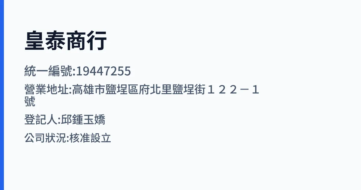皇泰商行 - 統編 19447255(高雄市) 公司登記資料與營業項目詳細圖表