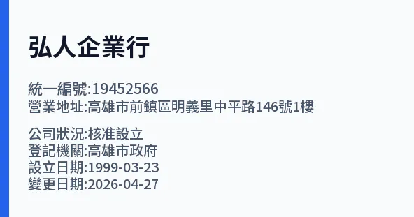 弘人企業行的照片-統編 19452566(高雄市) 公司登記資料與營業項目詳細圖表