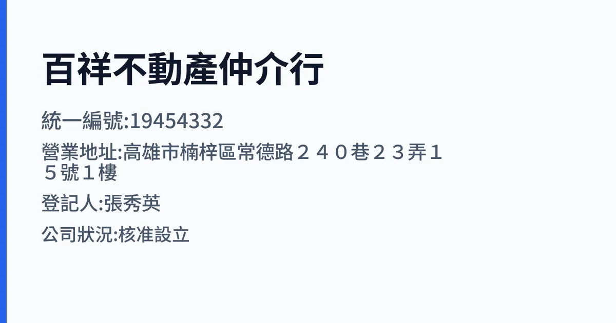 百祥不動產仲介行 - 統編 19454332(高雄市) 公司登記資料與營業項目詳細圖表