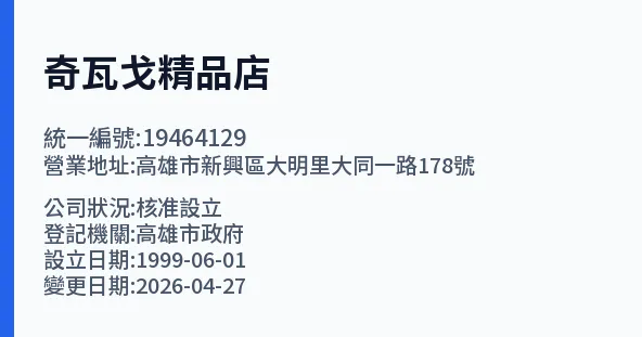 奇瓦戈精品店的照片-統編 19464129(高雄市) 公司登記資料與營業項目詳細圖表