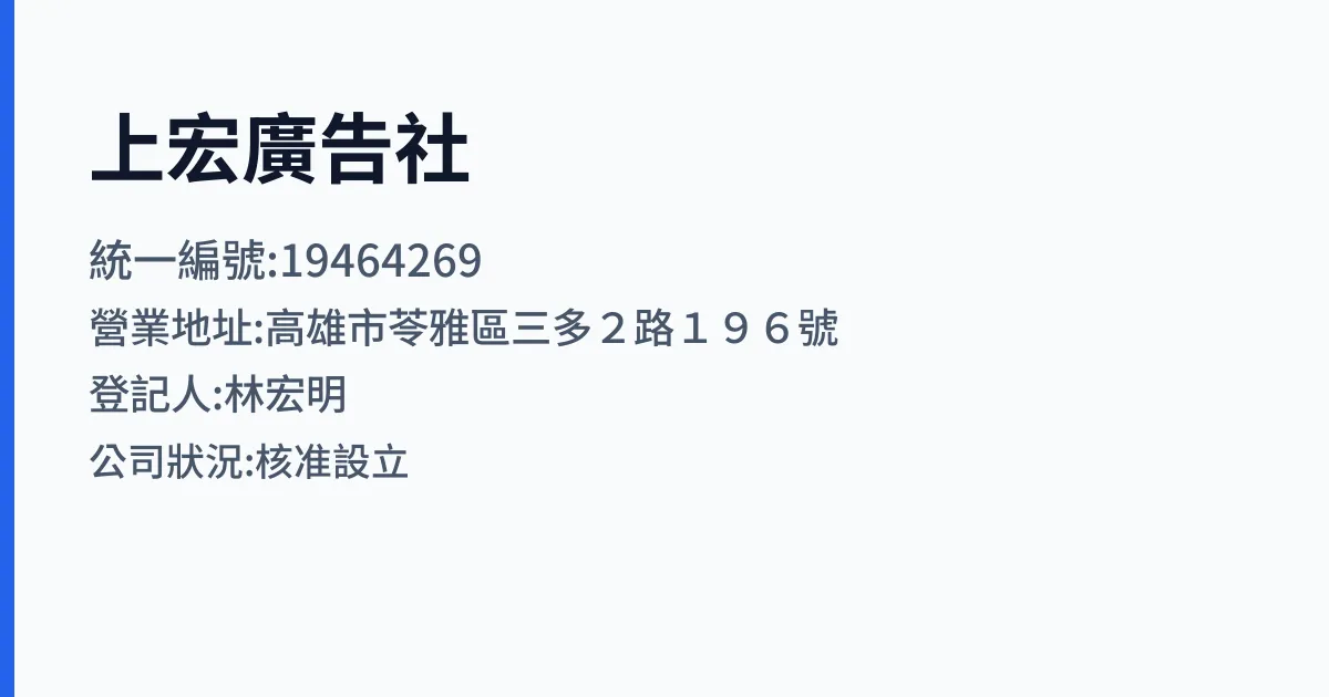 上宏廣告社 - 統編 19464269(高雄市) 公司登記資料與營業項目詳細圖表