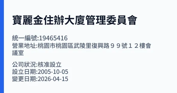 寶麗金住辦大廈管理委員會的照片-統編 19465416(桃園市) 公司登記資料與營業項目詳細圖表