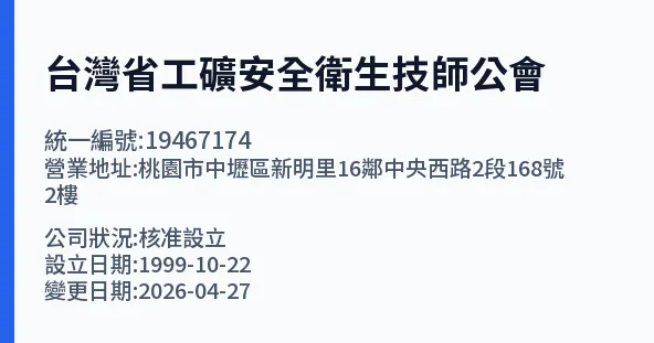 台灣省工礦安全衛生技師公會的照片-統編 19467174(桃園市) 公司登記資料與營業項目詳細圖表
